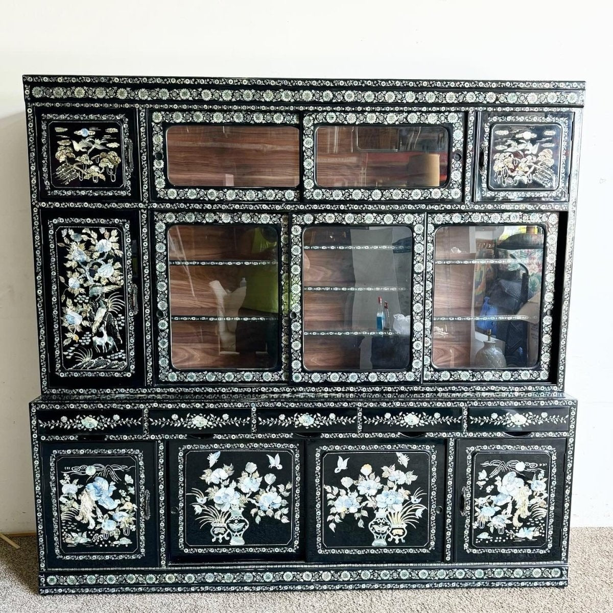 Chinese Black Lacquered and Mother of Pearl Inlaid China Cabinet
