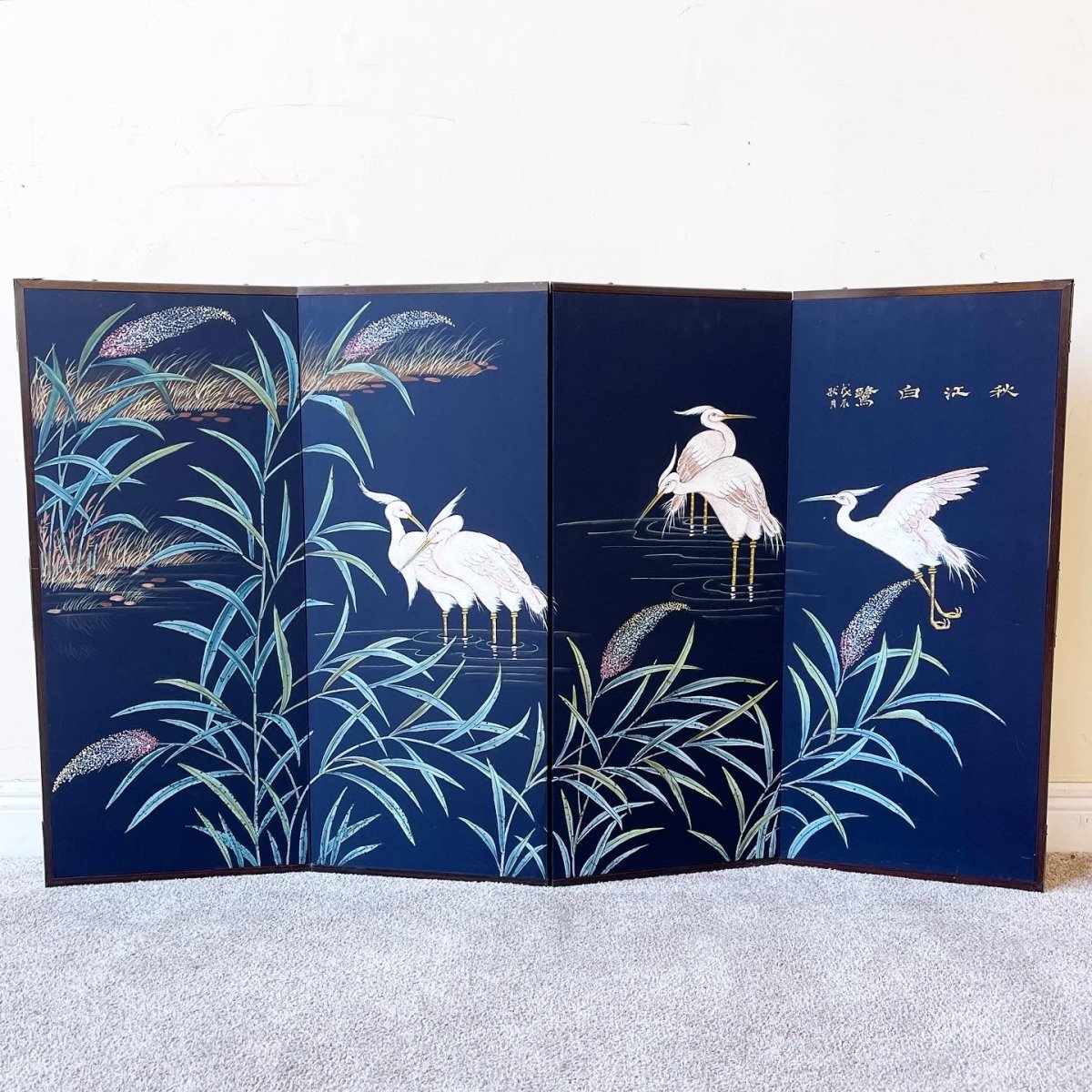 Asian 4 Paneled Room Screen Divider – Dolphin & Flamingo