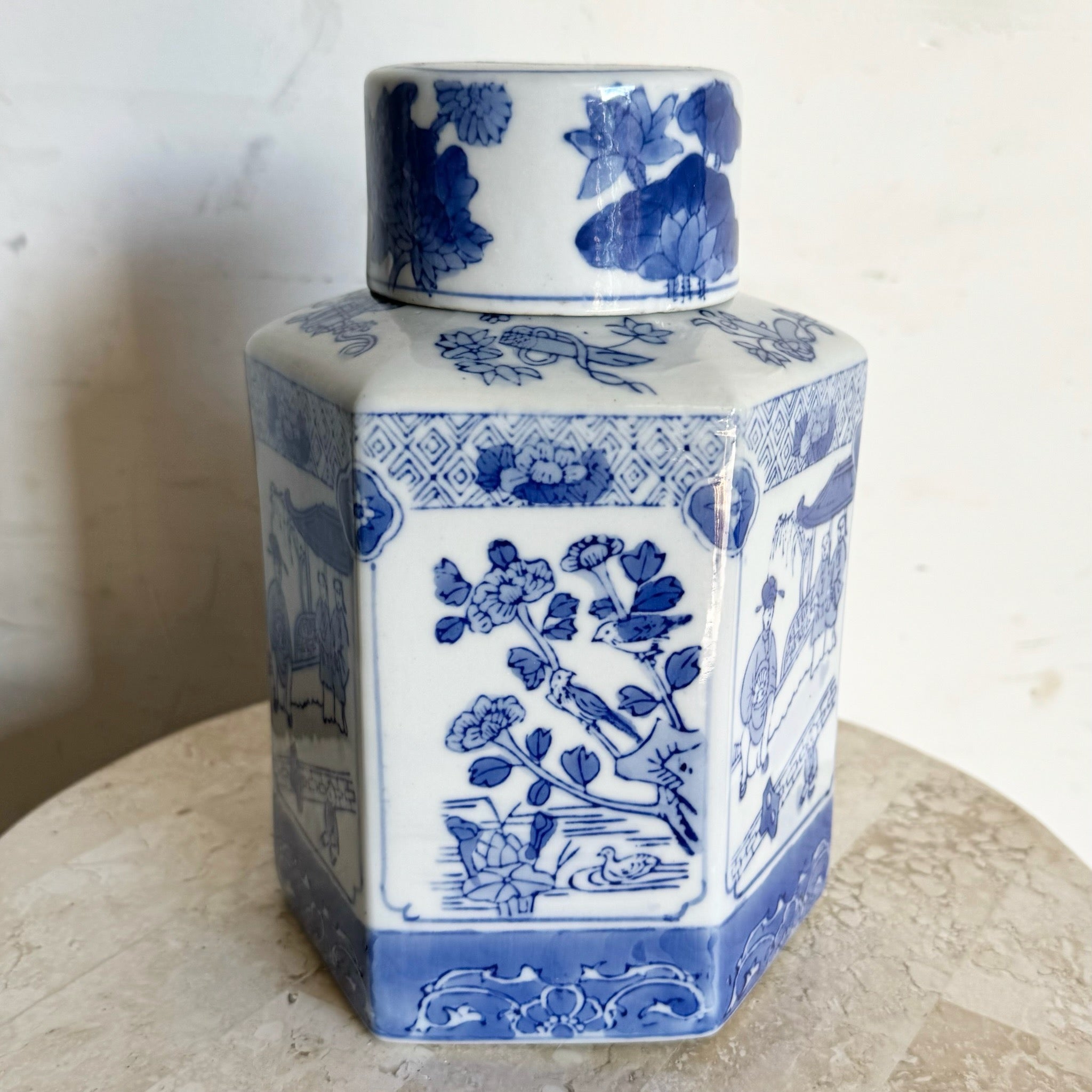Vintage Chinese Blue and White Porcelain Ginger Jar – Dolphin & Flamingo