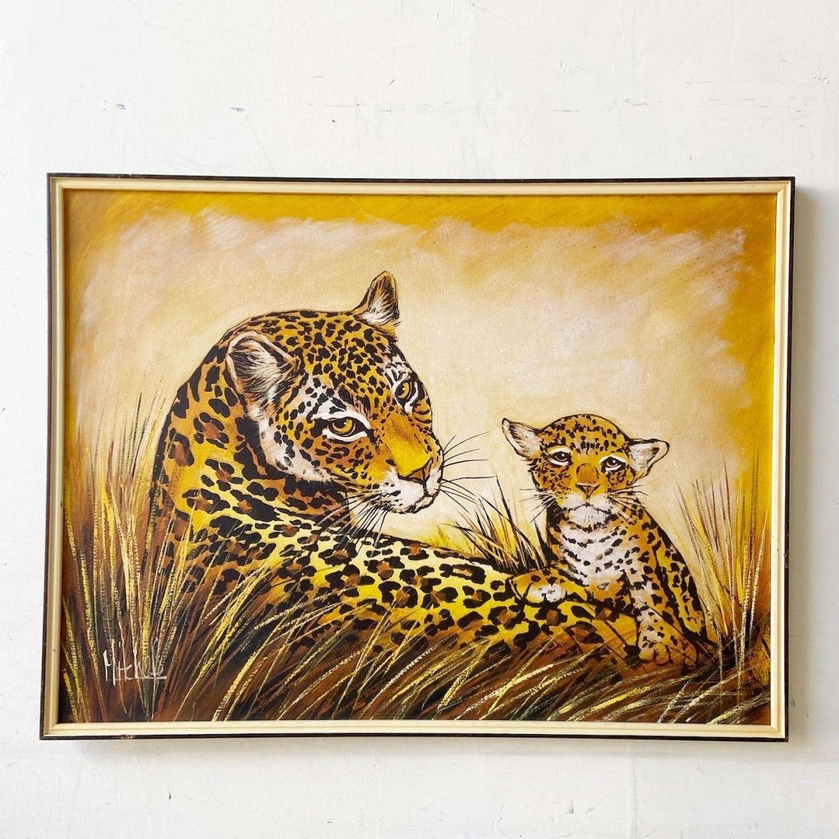 Vintage Framed and Signed Oil Painting of Cheetahs – Dolphin & Flamingo