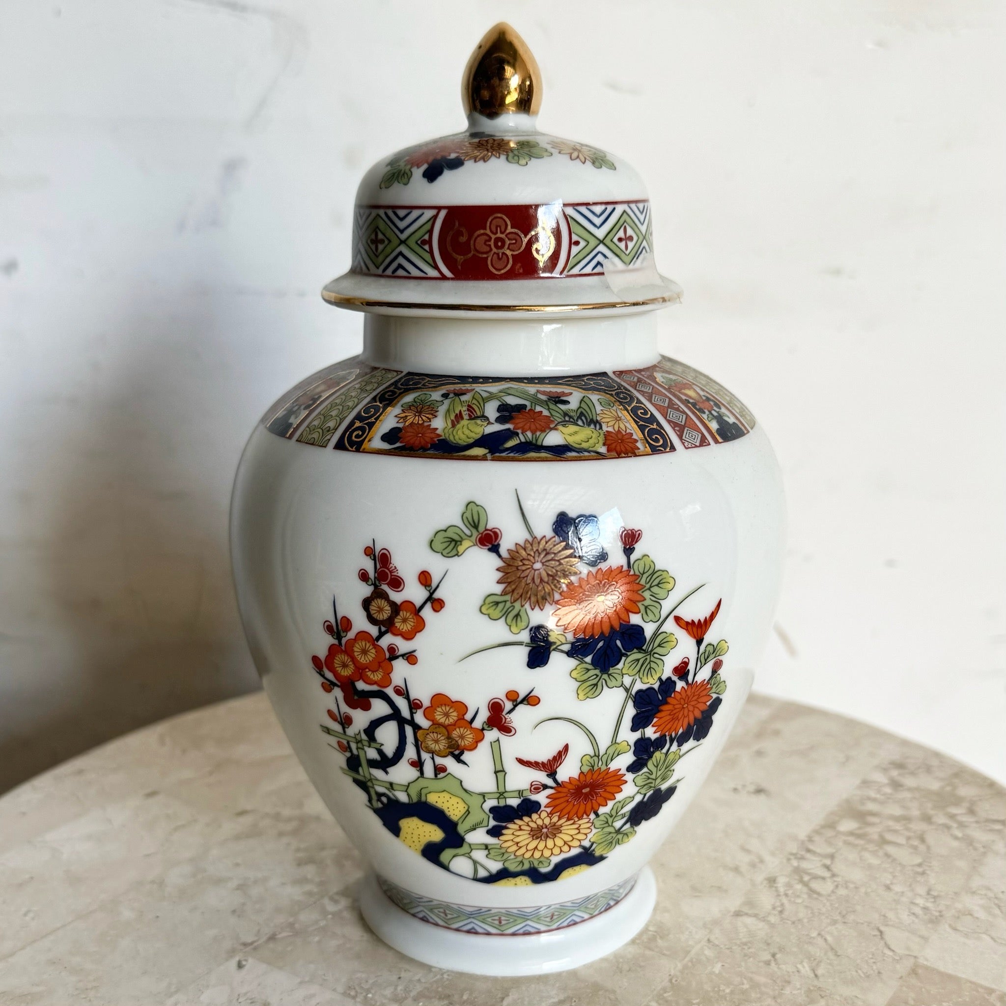 Vintage Hand-Painted Asian Porcelain Ginger Jar – Dolphin & Flamingo