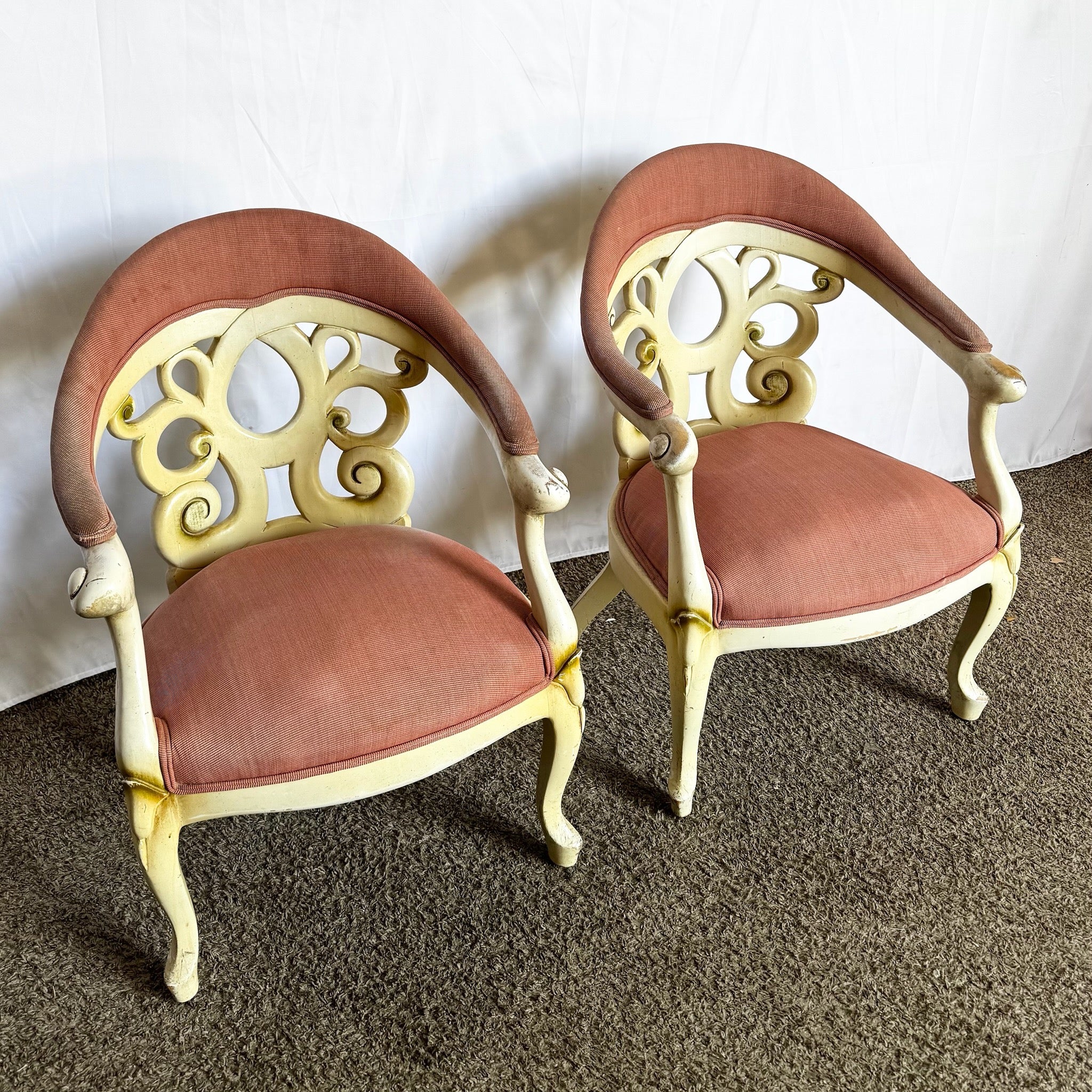 Vintage White and Pink Armchairs – Dolphin & Flamingo